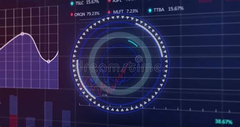 Image Of Round Scanner Over Stock Market Data Processing Against Blue Background Stock