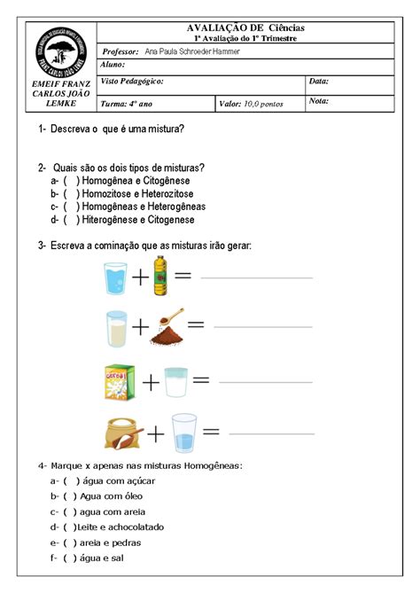 Avaliação 1º Trimestre 4º Ano Ciências Misturas E Tipos Studocu