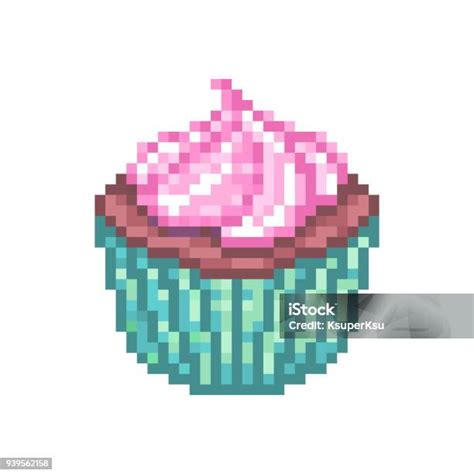 에 녹색 분홍색 크림 입힌 초콜렛 컵 케 익 컵 픽셀 아트 음식 아이콘 흰색 배경에 고립 맛 머핀입니다 빵집 아이콘입니다 디저트 메뉴 기호입니다 옛날 8 비트 게임