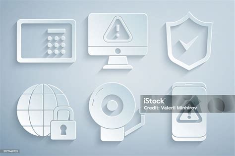 울리는 알람 벨 체크 표시가 있는 방패 전역 잠금 모바일 느낌표 모니터 및 안전 아이콘을 설정합니다 벡터 3차원 형태에 대한 스톡 벡터 아트 및 기타 이미지 Istock