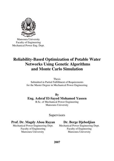 Pdf Reliability Based Optimization Of Potable Water Networks Using Genetic Algorithms And