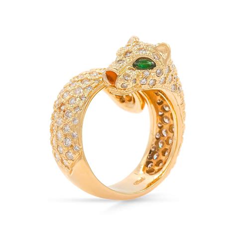 18 Karat Yellow Gold Diamond And Emerald Panther Ring At 1stdibs