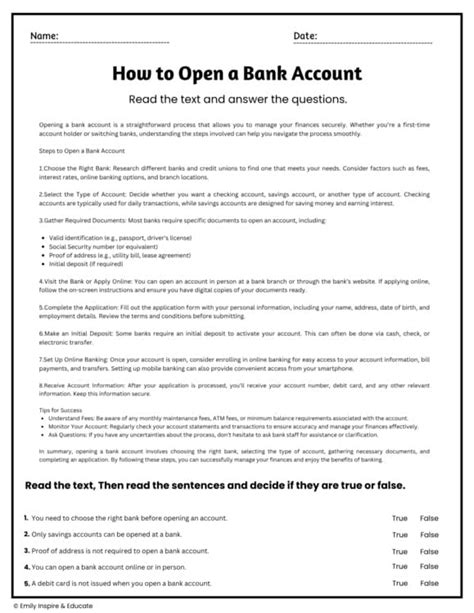 How To Open A Bank Account Reading Comprehension Passages And Questions