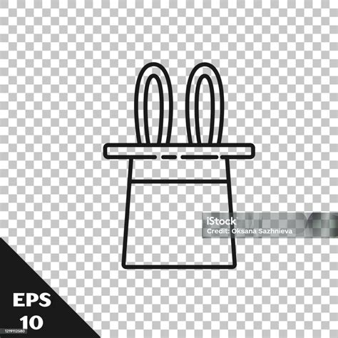 투명 한 배경에 고립 된 검은 선 마술사 모자와 토끼 귀 아이콘입니다 마술 미스터리 엔터테인먼트 컨셉 벡터 일러스트레이션 개념에 대한 스톡 벡터 아트 및 기타 이미지