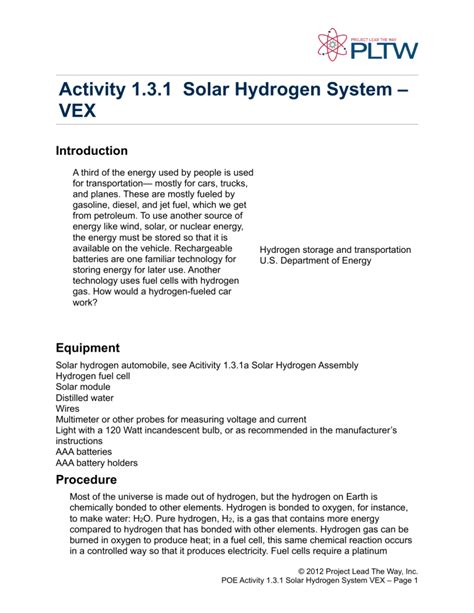 Solar Hydrogen System Activity Guide Vex