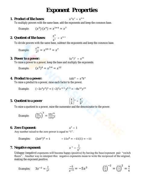 Exponent Properties Worksheet