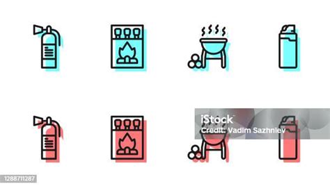 세트 라인 바베큐 그릴 소화기 성냥갑 과 일치 및 라이터 아이콘 벡터 가솔린에 대한 스톡 벡터 아트 및 기타 이미지 가솔린 가연성 개인 장식품 Istock