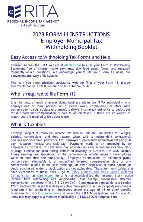 Download Instructions For Form 11 Employers Municipal Tax Withholding
