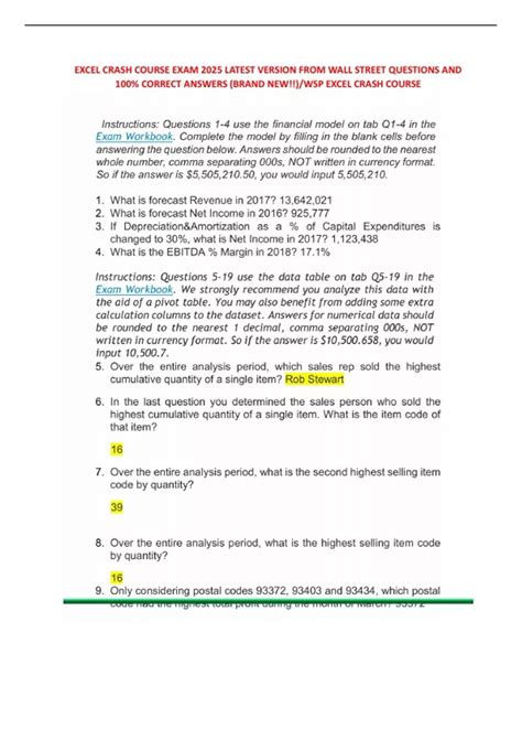 excel crash course exam 2025 latest version from wall street questions