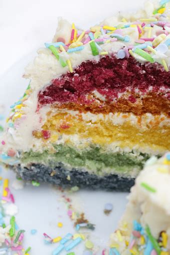 홈 메이드 무지개 층 스폰지 생일 케이크의 단면 이미지는 멀티 컬러 파스텔 색조에 화이트 버터 크림 질감 아이싱과 색종이 설탕 페이스트 뿌려 덮여 0명에 대한 스톡 사진 및