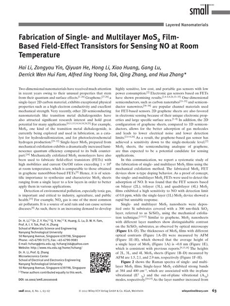Pdf Fabrication Of Single And Multilayer Mos2 Film Based Field Effect Transistors For Sensing