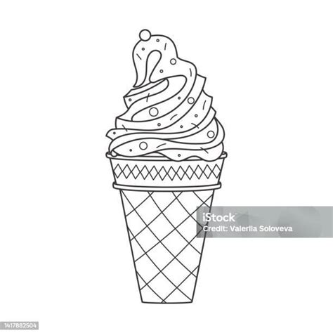 와플 콘에 아이스크림을 뿌리면 윤곽을 그립니다 여름 달콤한 음식 맛있는 냉동 디저트 흰색 배경에 고립 된 흑백 그림을 그린 벡터 선형 낙서 손 0명에 대한 스톡 벡터 아트