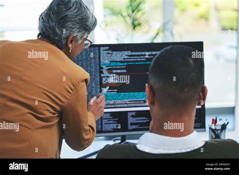 Advice Manager And Employee With Computer Screen Programmer And Code With Trading Coaching