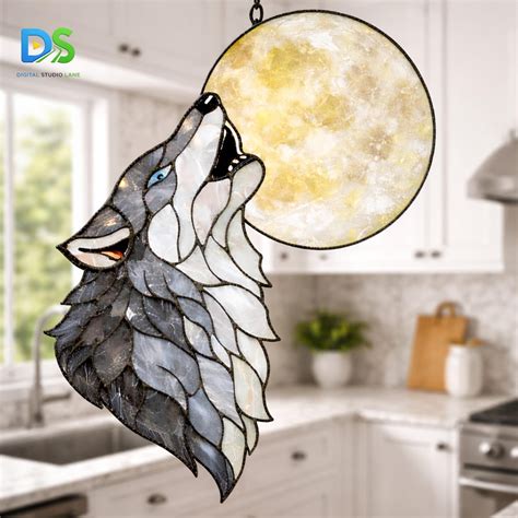 Howling Wolf With Moon Stained Glass Pattern Mystic Wolf Suncatcher