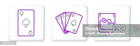 세트 라인 게임 주사위와 얼음 조각과 위스키 한 잔 카드 스페이드 기호 및 카드 아이콘 벡터 가능성에 대한 스톡 벡터 아트 및