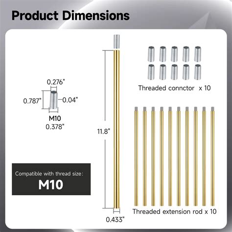 Lnrueg Bright Gold M10 Threaded Extension Rod 10 Pcs 12