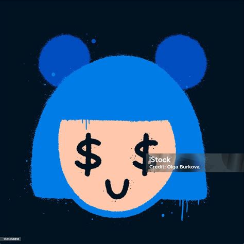 벡터 일러스트레이션 도시 거리 낙서 스타일 달러 눈을 가진 소녀 만두가있는 푸른 머리카락 스플래시 효과와 드롭 검은 색 배경 그래픽 티 스웨트 셔츠 인쇄 아바타 Ig