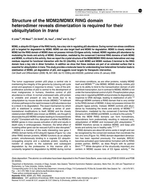Pdf Structure Of The Mdm2mdmx Ring Domain Heterodimer Reveals