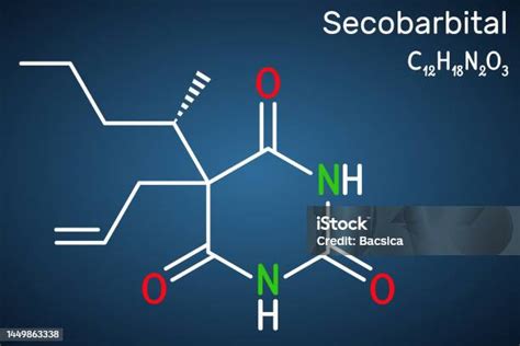세코바르비탈 분자 불면증 치료를위한 마취제 항 경련제 진정제 최면 성질을 가진 바르비 투르 산염 약물 진한 파란색 배경에 있는