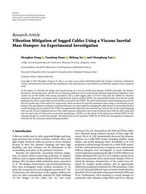 Pdf Vibration Mitigation Of Sagged Cables Using A Viscous Inertial