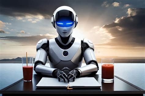 Adorable Humanoid Robot Working On Laptop Generative Ai Stock