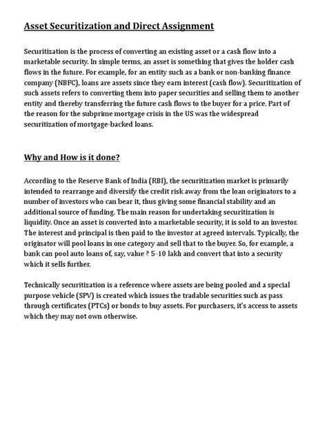 Asset Securitization And Direct Assignment Pdf Securitization