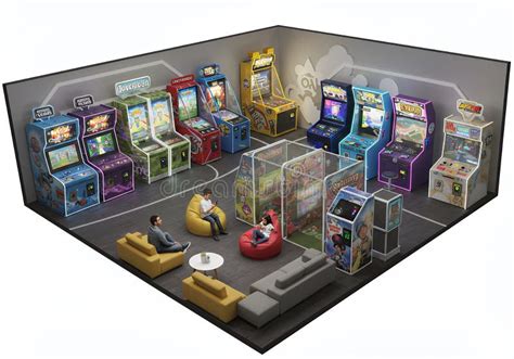 Overhead Isometric View Of Retro Arcade Room With Game Machines And
