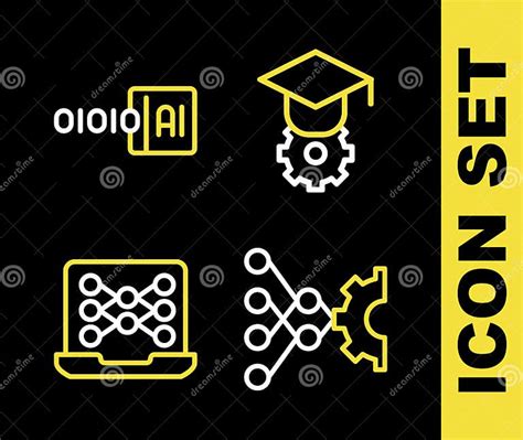Set Line Graduation Cap Neural Network And Binary Code Icon Vector Stock Illustration