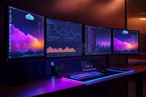 Devops Team Manages Cloud Deployment With Multiple Monitors In Modern Workspace During Evening