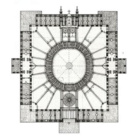 Architectural Floor Plan Of A Gothic Cathedral Featuring A Large Central Circular Nave Stock