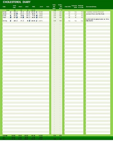 Cholesterol Diary Excel Template Cholesterol Levels Tracker Spreadsheet Log Medical History