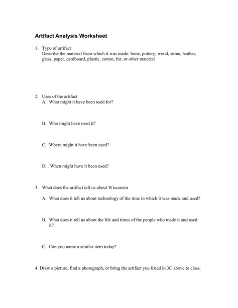 Artifact Analysis Worksheet Wisconsin History