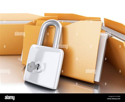 3d Renderer Image Folders With Padlock And Key Security Concept Isolated White Background