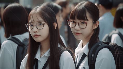 Two Asian Girls Wearing Glasses Is Standing Next To One Another
