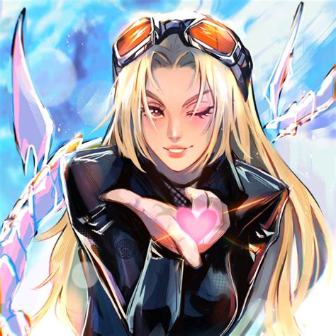 Safebooru 1girl Black Jacket Blonde Hair Blowing Kiss Blue Sky