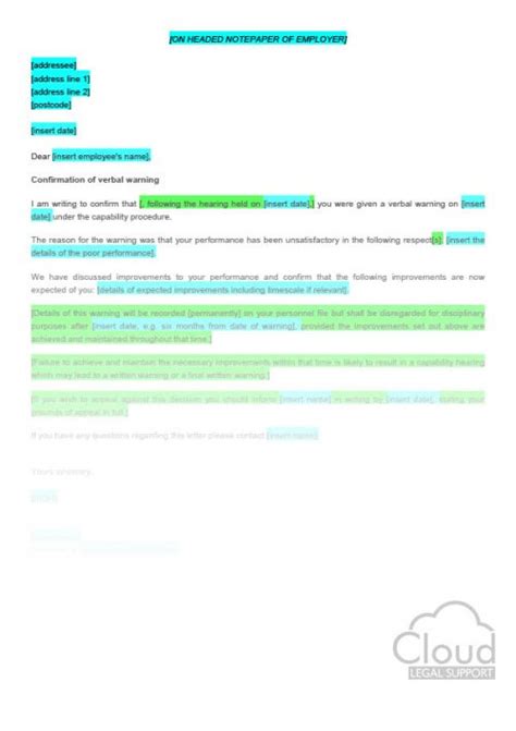 Verbal Warning Confirmation Letter Poor Performance CloudLegal Support