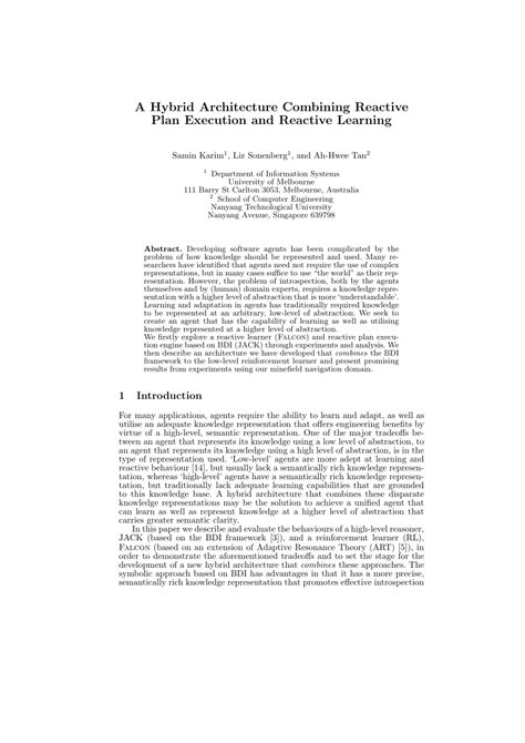 Pdf A Hybrid Architecture Combining Reactive Plan Execution And Reactive Learning