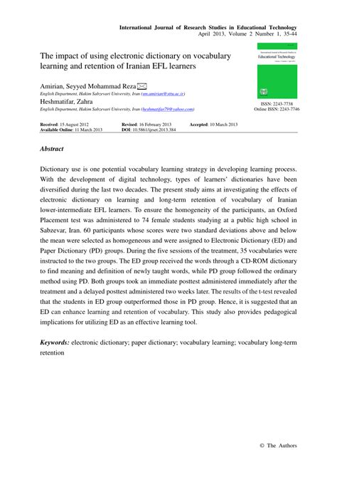 Pdf The Impact Of Using Electronic Dictionary On Vocabulary Learning And Retention Of Iranian
