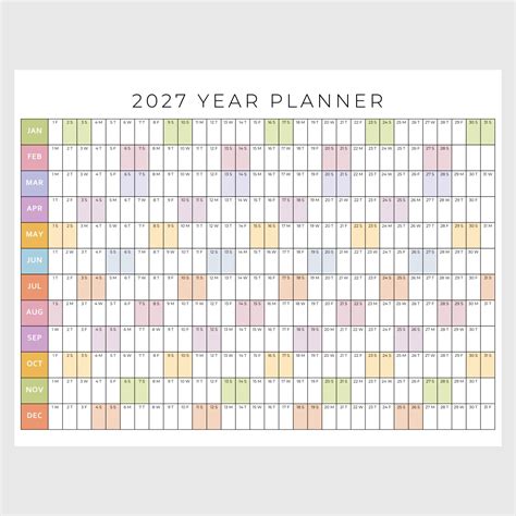 2027 Printable Year Planner Large Wall Calendar 2027 Yearly Wall Calendar Rainbow Year