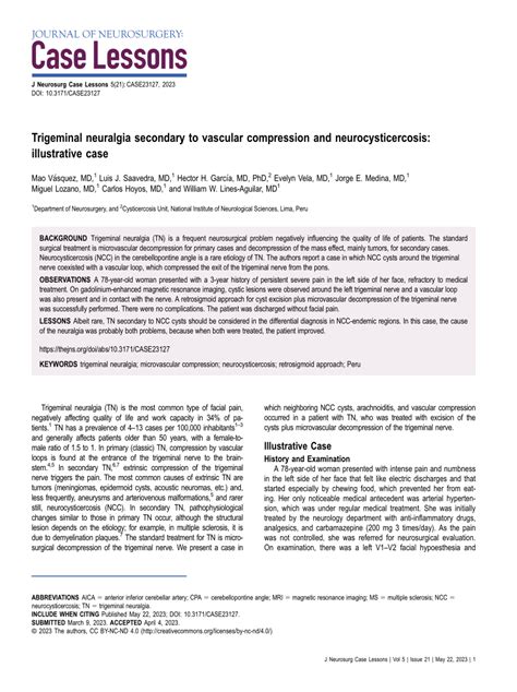 Pdf Trigeminal Neuralgia Secondary To Vascular Compression And