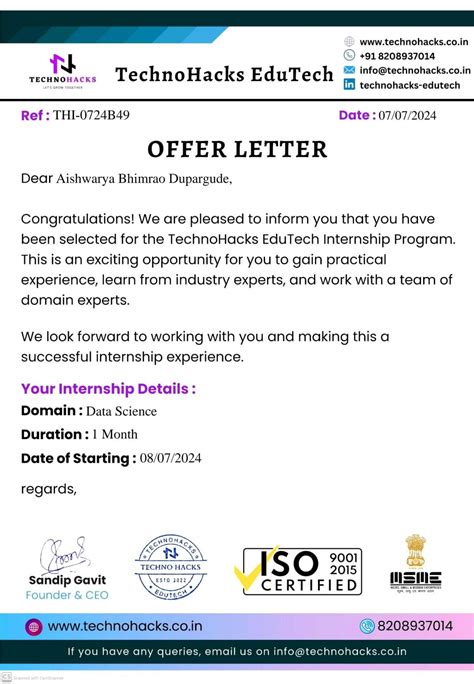 Aishwarya Dupargude On Linkedin Intership Technohackedutech