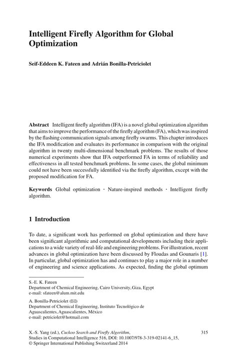 Pdf Intelligent Firefly Algorithm For Global Optimization