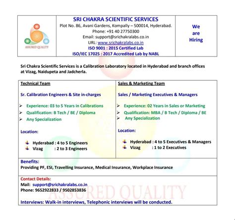 sri chakra scientific services hiring technical team and marketing team
