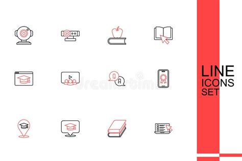 Set Line Online Quiz Test Survey Book Graduation Cap Speech Bubble Education With Diploma