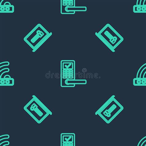 Set Line Digital Door Lock With Wireless Laptop Password And Wifi Locked On Seamless Pattern