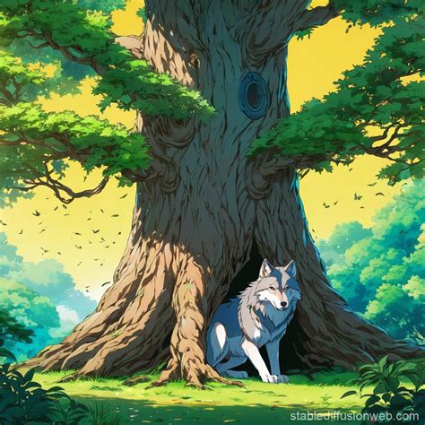 Wolf Hiding Behind Tree In Forest Stable Diffusion Online