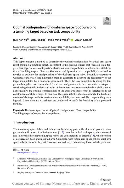 Optimal Configuration For Dual Arm Space Robot Grasping A Tumbling Target Based On Task