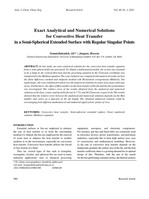 Exact Analytical And Numerical Solutions For Convective Heat Transfer Pdf Heat Transfer
