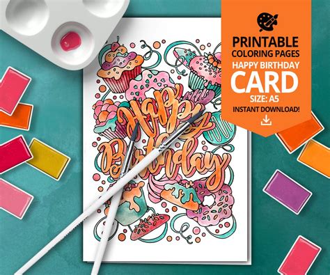 5 Printable Happy Birthday Card Coloring Page Size A5 Instant