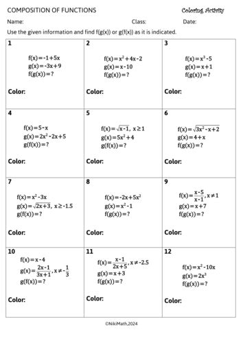 Composition Of Functions Coloring Activity Color By Code Teaching Resources